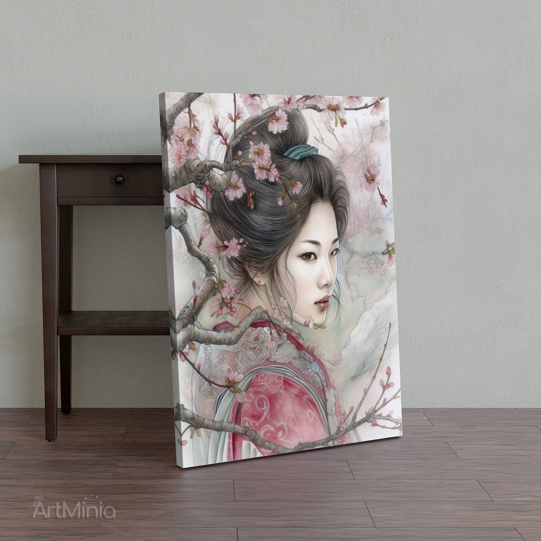 Geisha Cherry Blossom Canvas Print: Japanese Art Wall Decor - Etsy