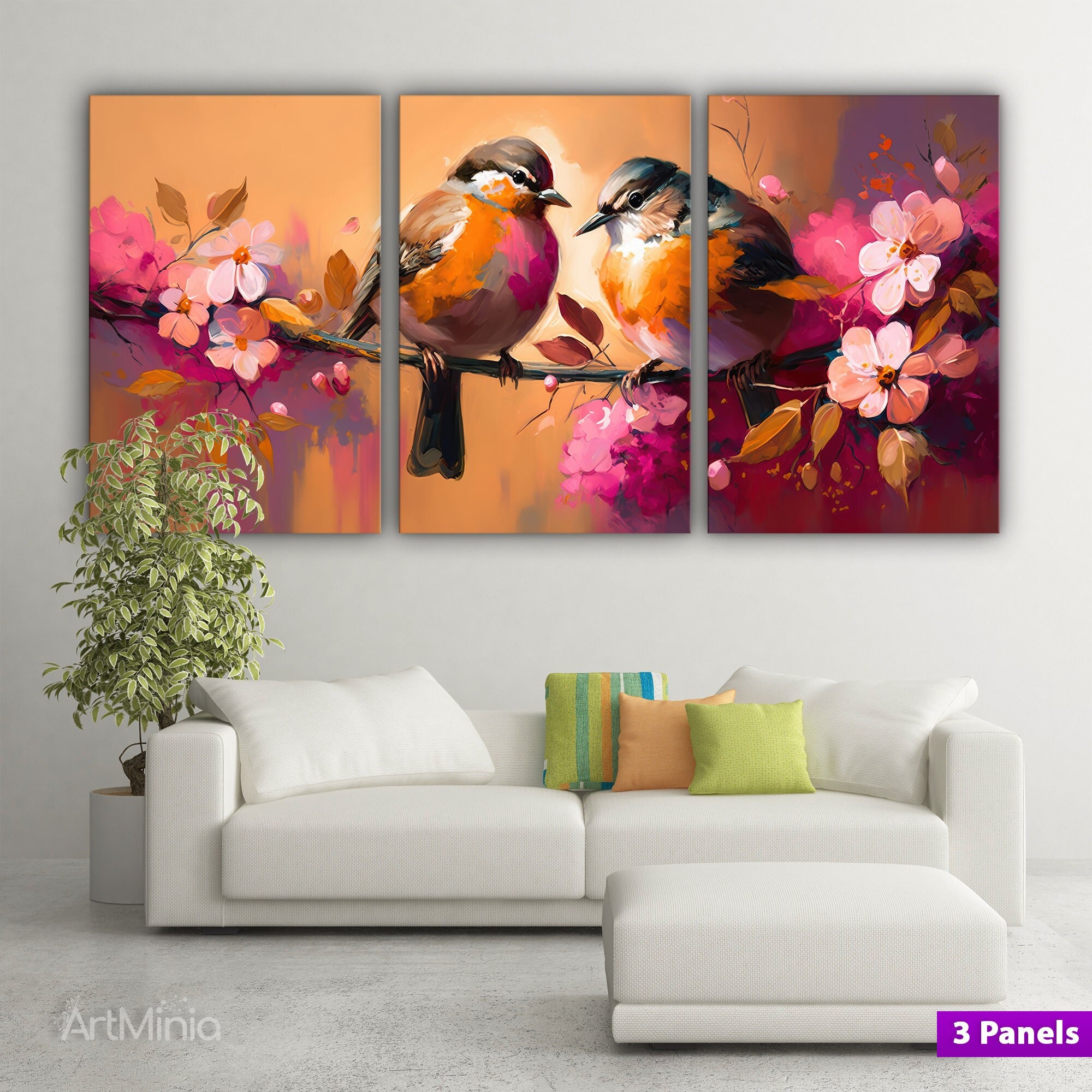 Bird and Flower Canvas Print Set: Ready to Hang Triptych Wall Art - Etsy