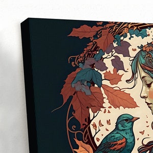 Girl and Her Bird & Flowers Drawing Canvas Print Wall Art Style of ...