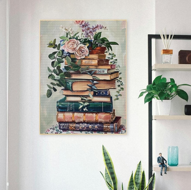 Floral Stack of Books Diamond Painting Art Kits，book Lover Print，5d DIY ...