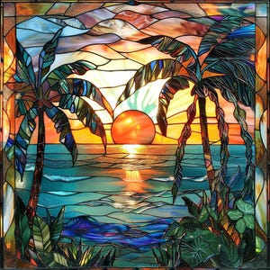 Stained Glass Sunset Palm Tree Diamond Painting,5d DIY Tropical Beach ...