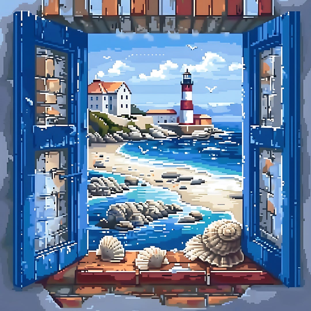 Open Window Beach Lighthouse View Diamond Painting Kits for Adult Full ...
