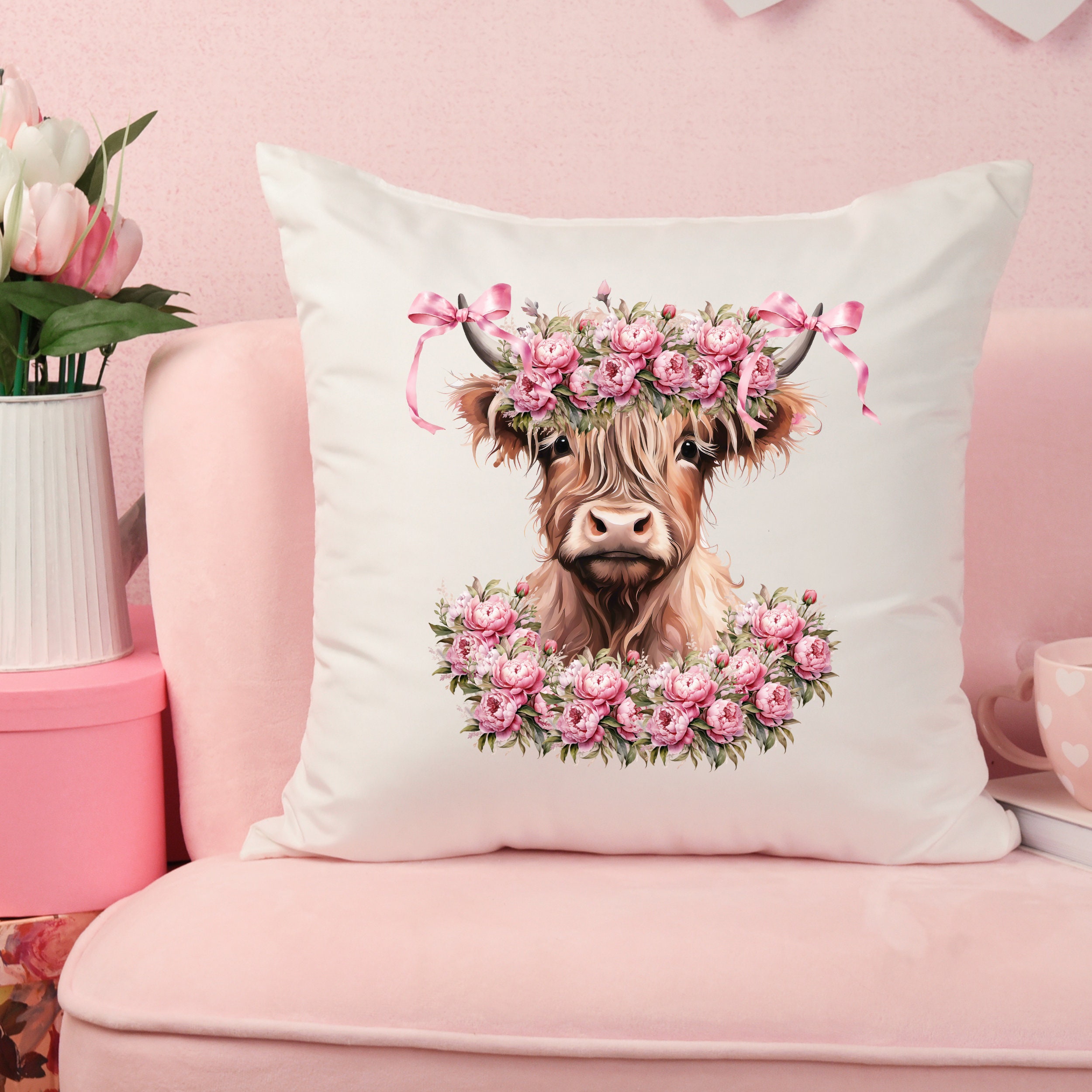 Coquette Highland Cow PNG, Coquette Pink Flowers, Cute Highland Cow PNG ...