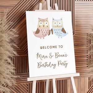 Owl Welcome Sign, Twin Birthday or Baby Shower Editable Printable Pink ...