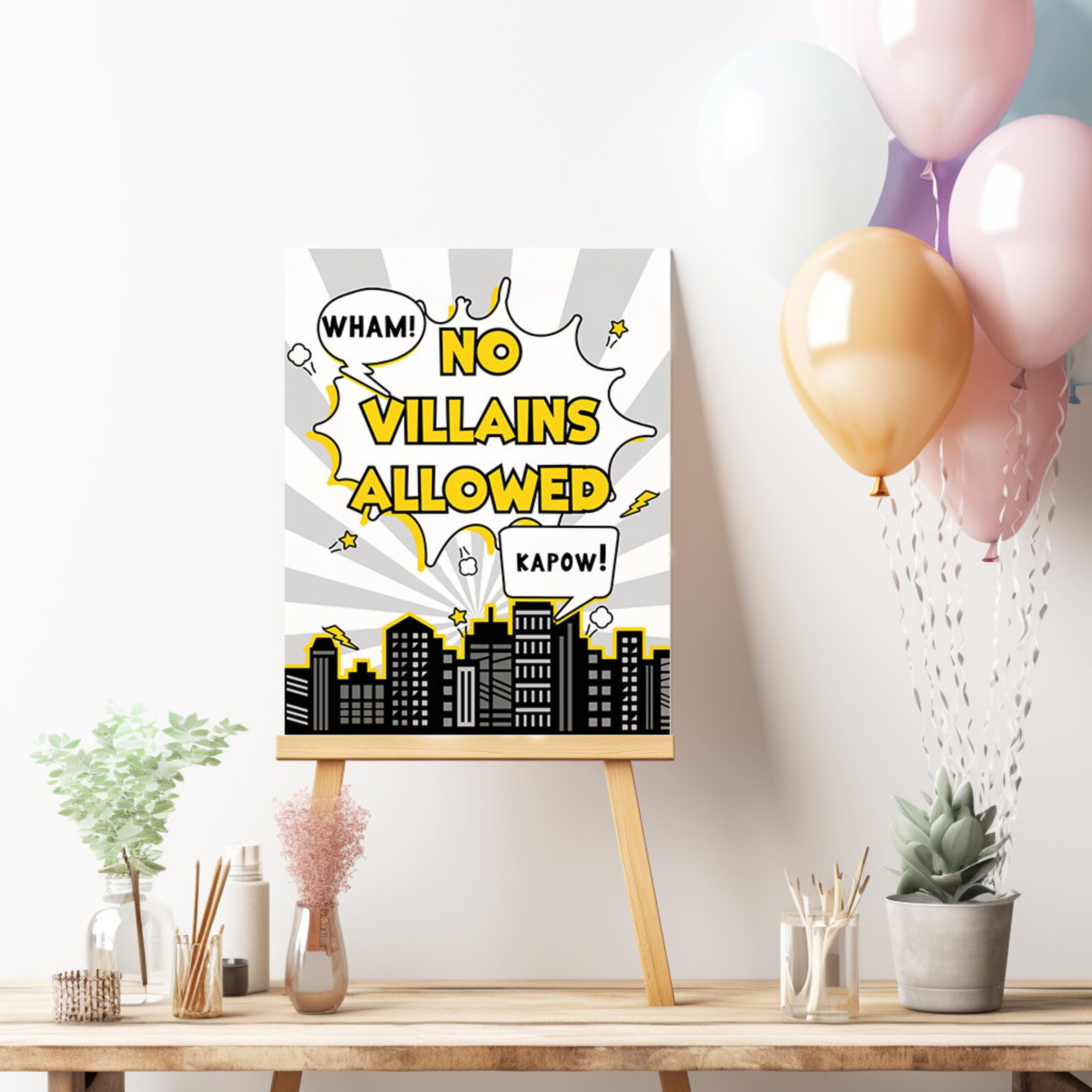 No Villains Allowed 8x10 Sign, Superhero Boys Birthday Decor Comic Book ...