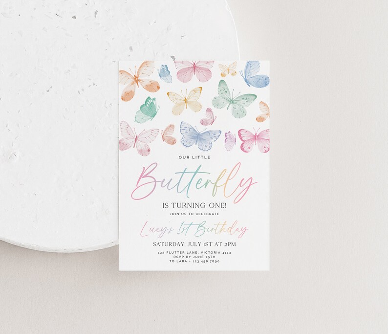 Butterfly Birthday Invitation, Pastel Rainbow Butterfly Party Invite ...