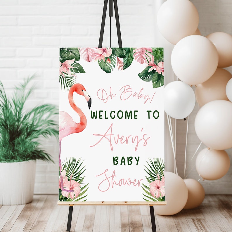 Flamingo Welcome Sign, Instant Download Editable Pink Tropical Baby ...