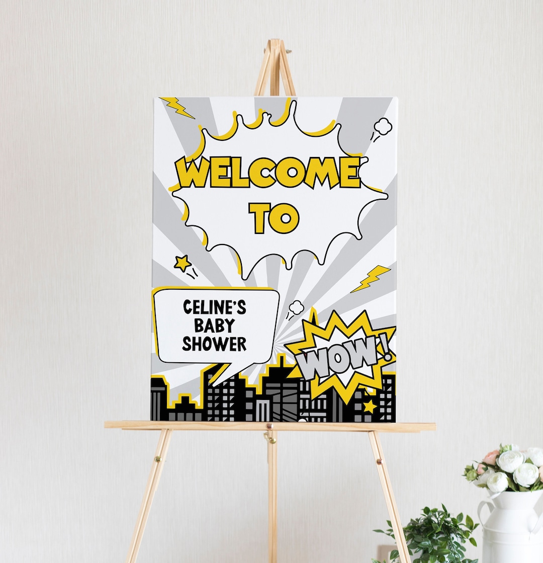 Superhero Welcome Sign, Boys Baby Shower Editable Comic Book Digital ...