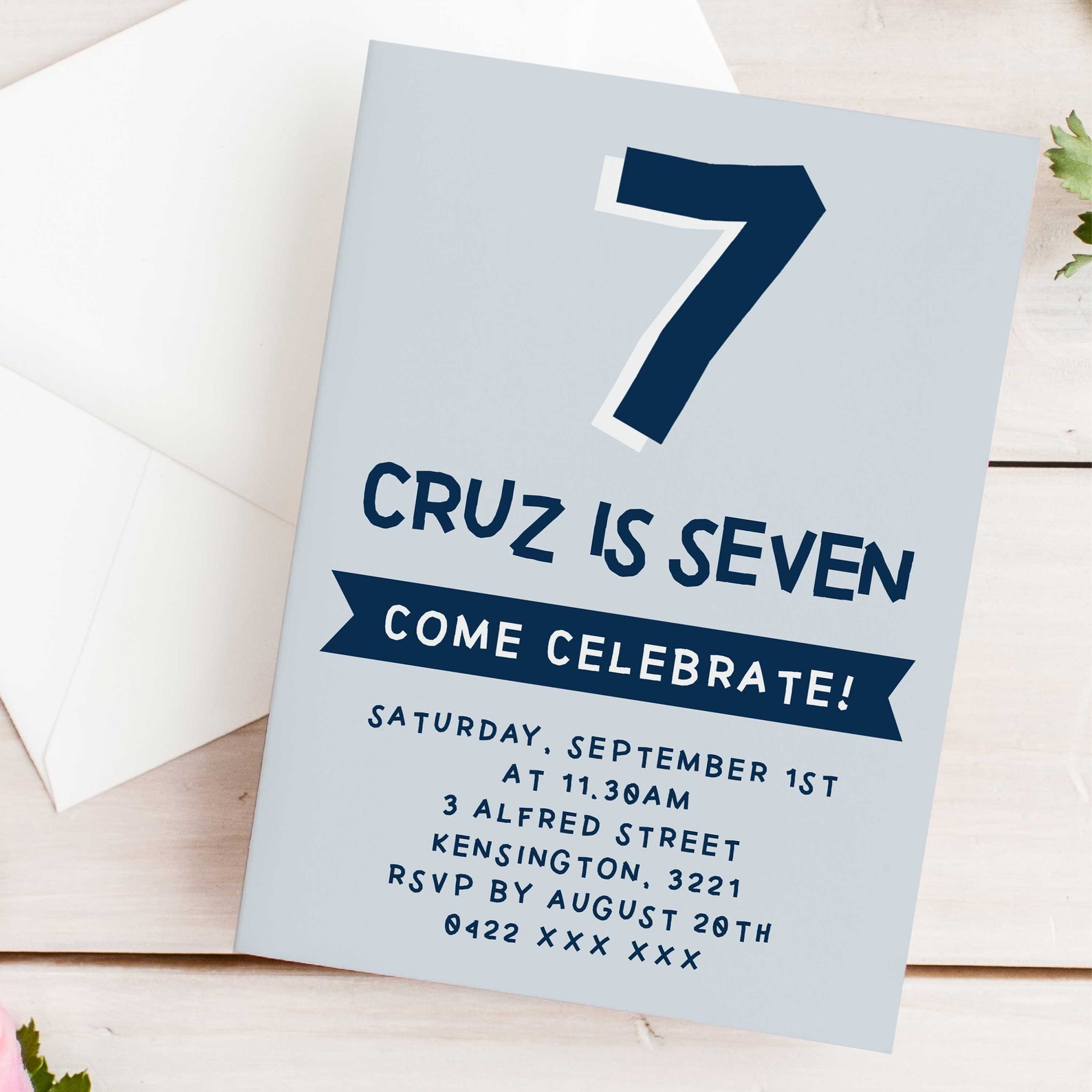 Editable Navy Blue 7th Birthday Party Invitation Download - Etsy