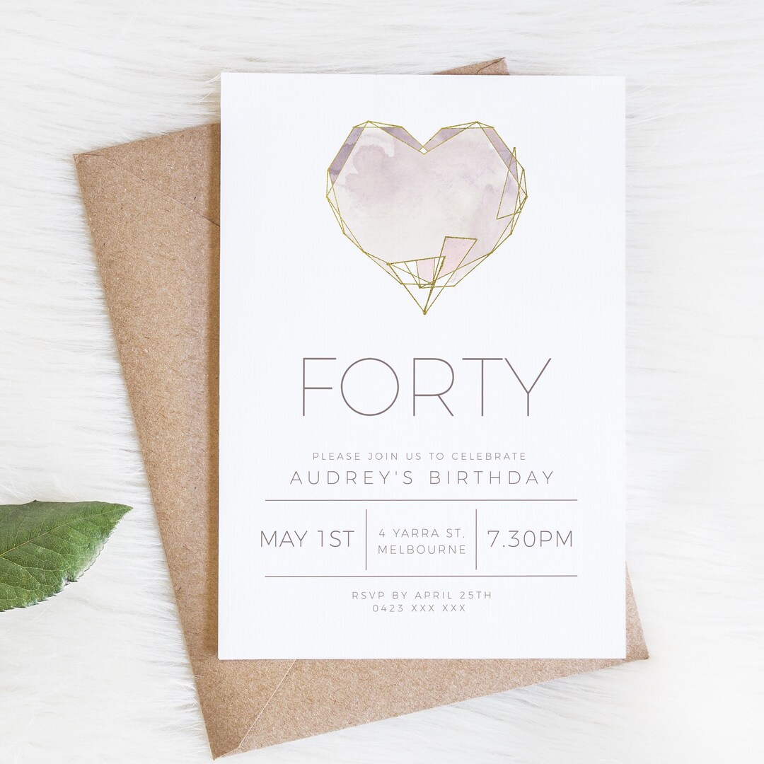 Heart Birthday Invitation, Modern Geometric Pink Gold Editable Template ...