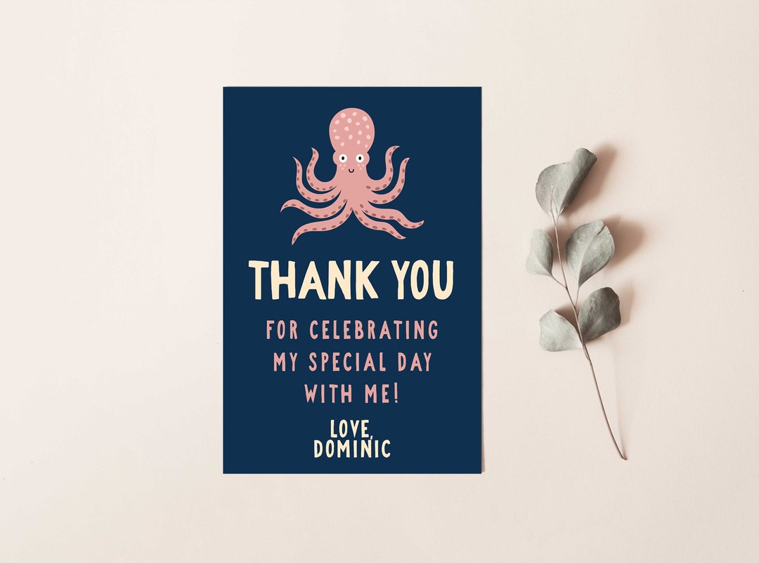 Ocean Thank You Card, Editable Octopus 4x6 Note, Personalized Printable ...