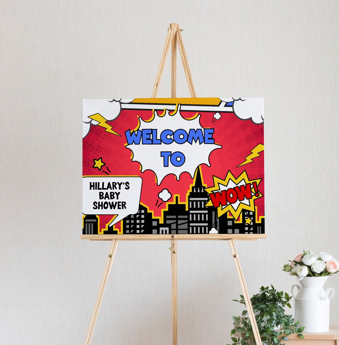Superhero Welcome Sign, Comic Book Editable Baby Shower Poster, Kids ...