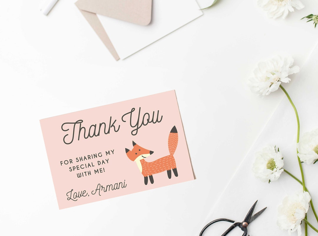 Fox Thank You Card, Editable 4x6 Template Kids Woodland Animal ...