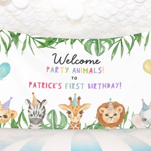 Editable Party Animals Birthday Backdrop Banner, Safari Animals Welcome ...