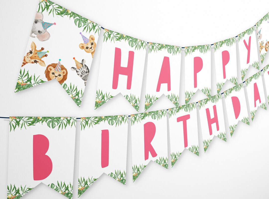 Happy Birthday Banner Garland Template, Safari Animals Pink Wild One ...