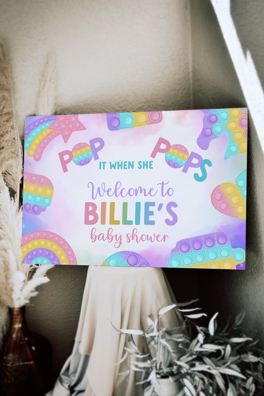 Pop It Welcome Sign, Fidget Toy Pastel Baby Shower Poster Editable ...
