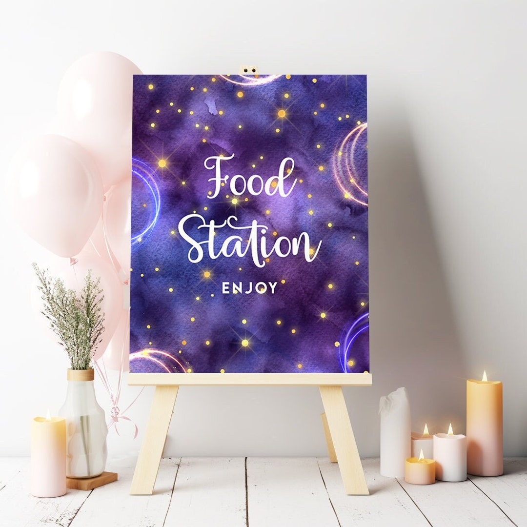 Birthday Food Station Sign, Galaxy Outer Space Kids Girls Neon Glow ...