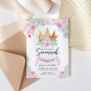 Crown Princess Birthday Invitation, Editable Template Pink Floral ...