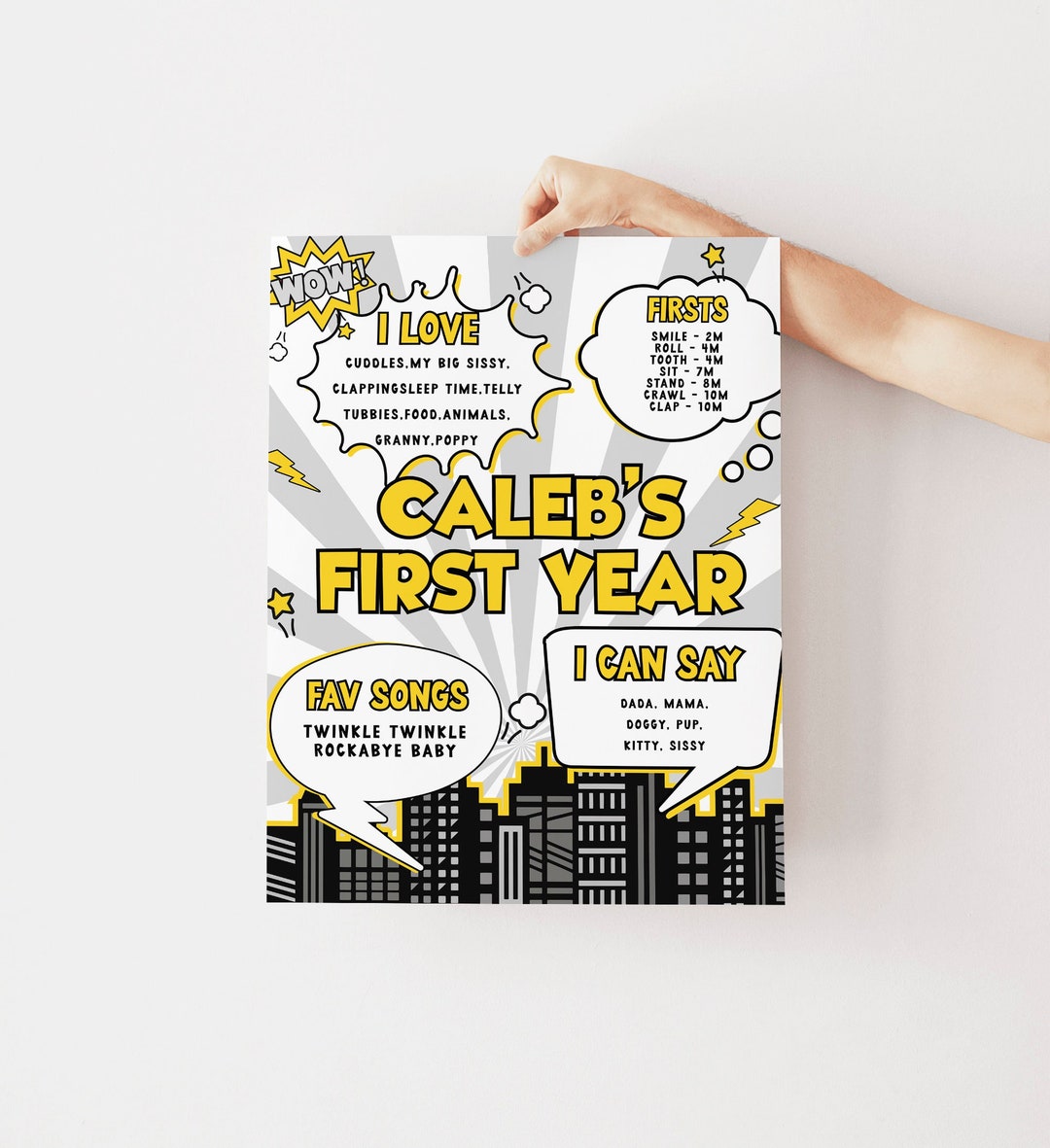 1st Birthday Milestone Poster, Superhero Boys Stats Sign Board Comic ...