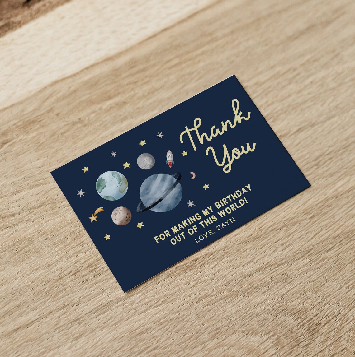 Editable Space Birthday Thank You Card Astronaut Galaxy Blue Planets ...