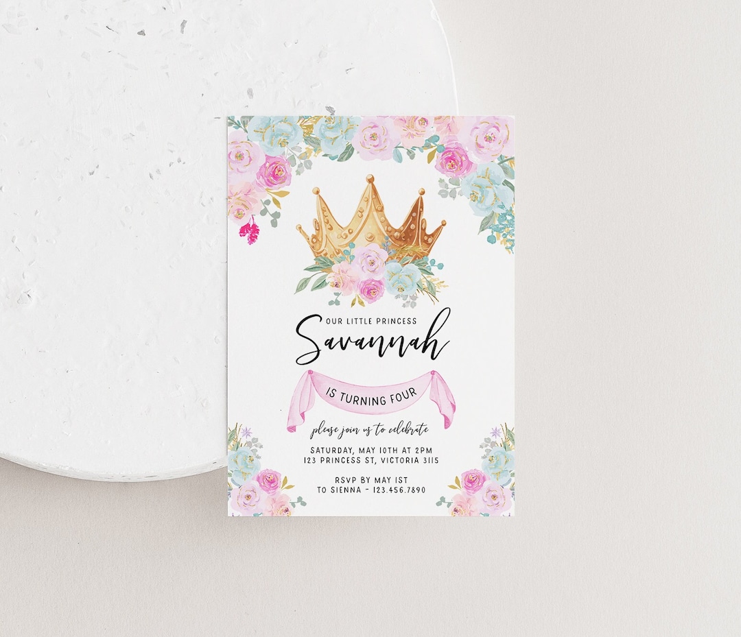 Crown Princess Birthday Invitation, Editable Template Pink Floral ...