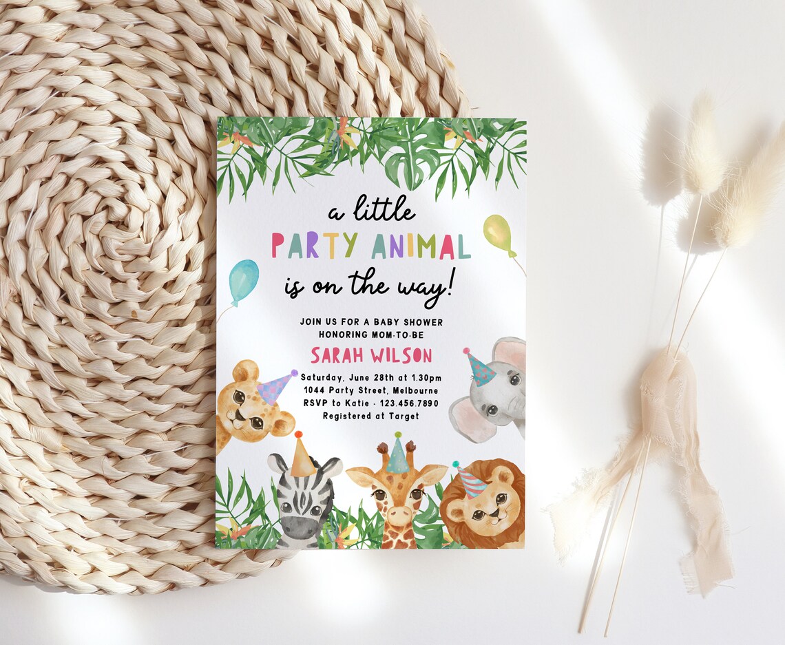 Editable Party Animals Baby Shower Invitation Template, Safari Jungle ...
