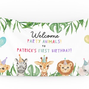 Editable Party Animals Birthday Backdrop Banner, Safari Animals Welcome ...
