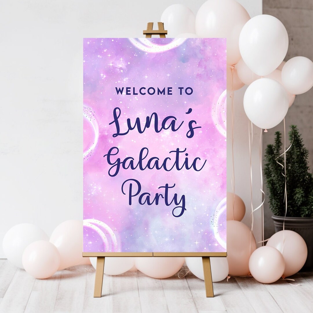 Editable Welcome Sign, Galaxy Galactic Pink Purple Neon Stars Girls ...