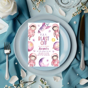 Astronaut Birthday Invitation, Blast off Pink Outer Space Girl Editable ...