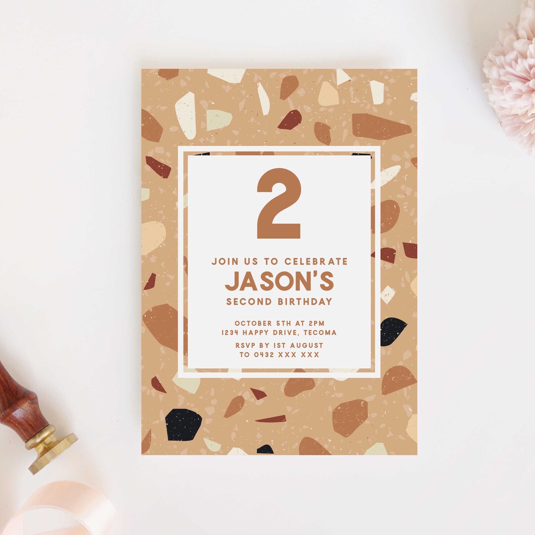 Editable Terrazzo 2nd Birthday Party Invitation Download Printable ...