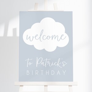 Party Welcome Sign, Pastel Blue Cloud Sky Whimsical Boys Editable ...