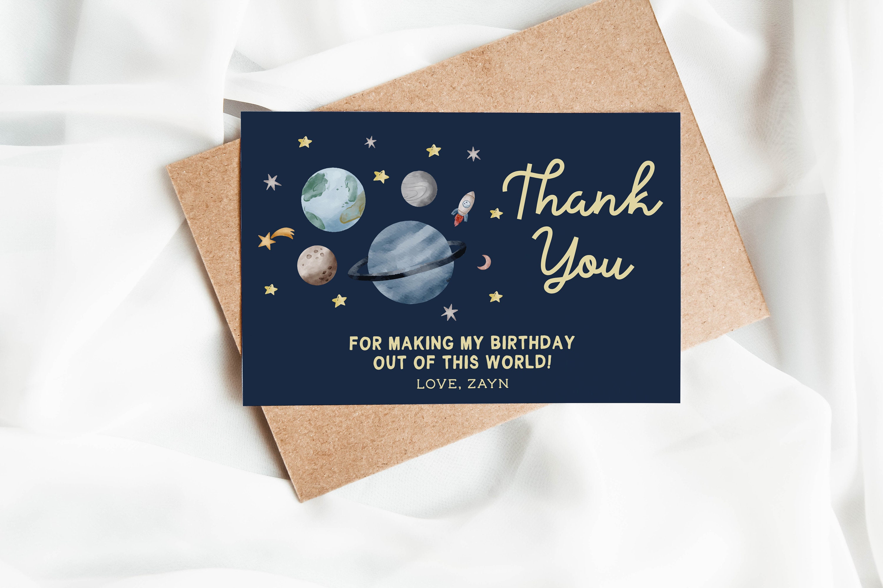 Editable Space Birthday Thank You Card Astronaut Galaxy Blue Planets ...