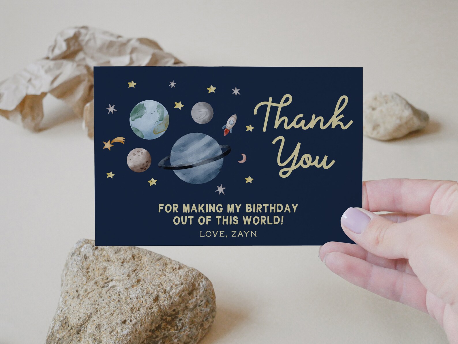 Editable Space Birthday Thank You Card Astronaut Galaxy Blue Planets ...