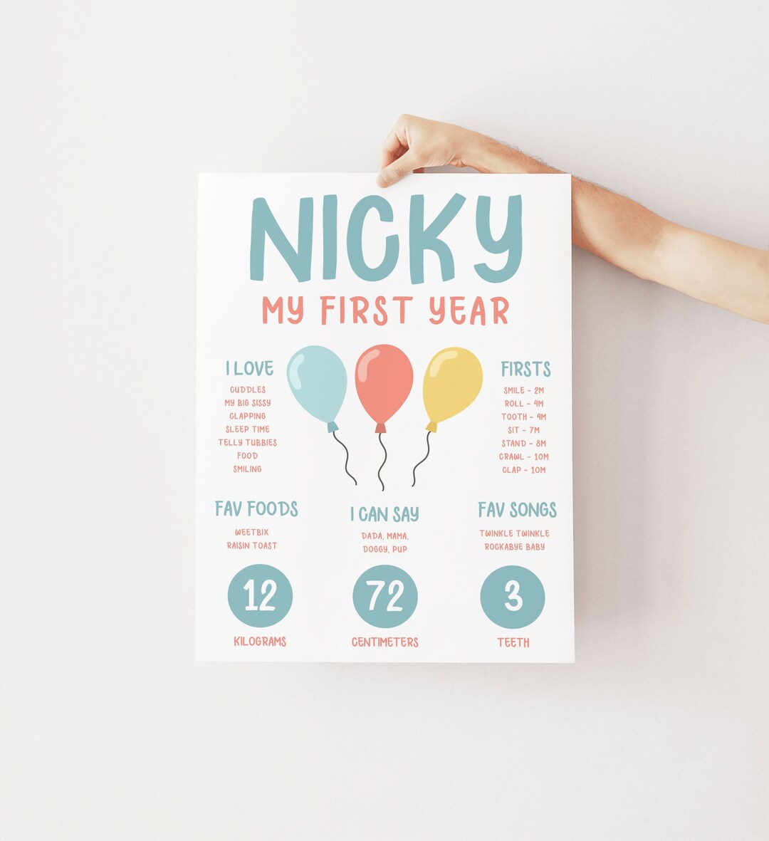 1st Birthday Milestone Poster, Colorful Balloons Editable Printable ...