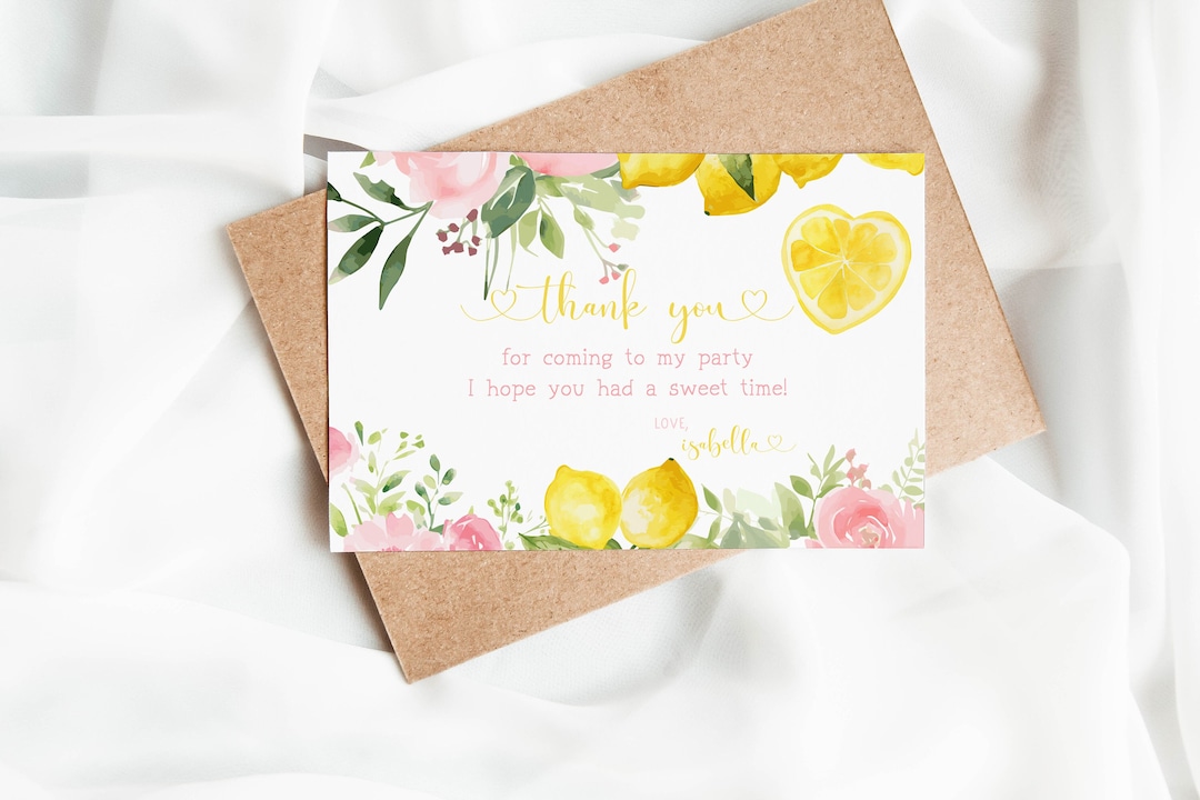 Lemon Thank You Card, Pink Floral 4x6 Editable Printable DIY Instant ...