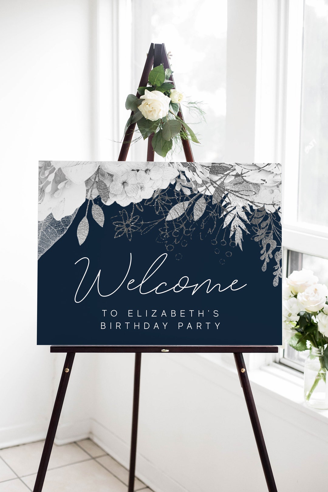 Navy Blue Welcome Sign, Silver Floral Modern Chic Editable Birthday ...
