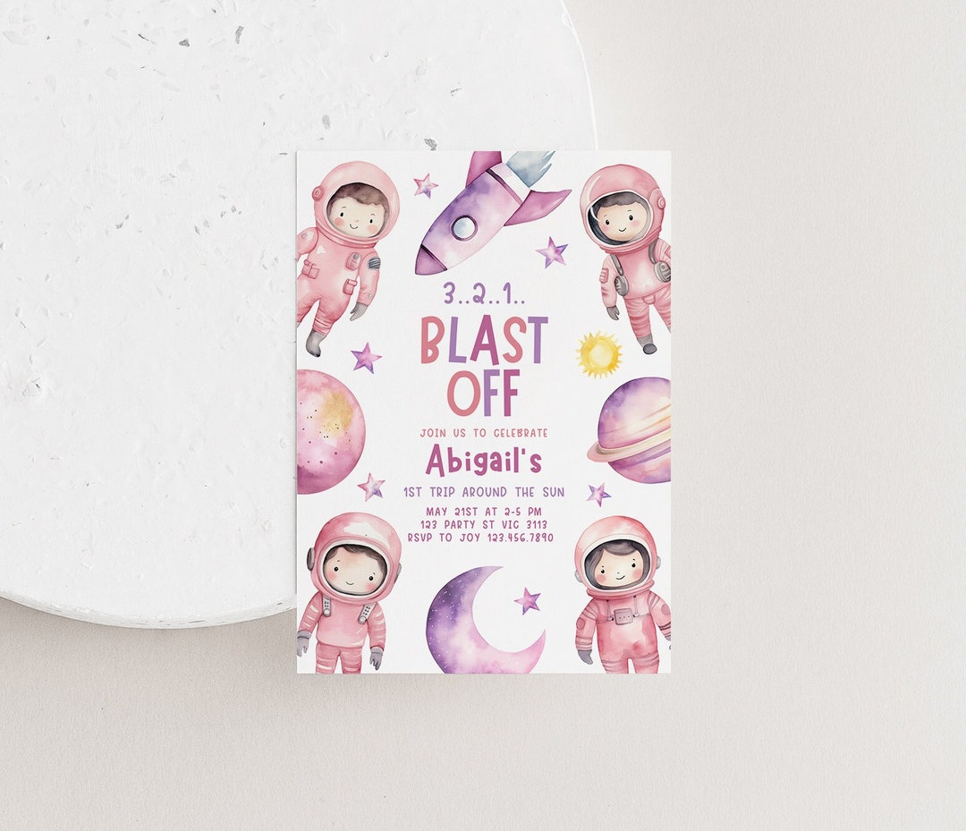 Astronaut Birthday Invitation, Blast off Pink Outer Space Girl Editable ...
