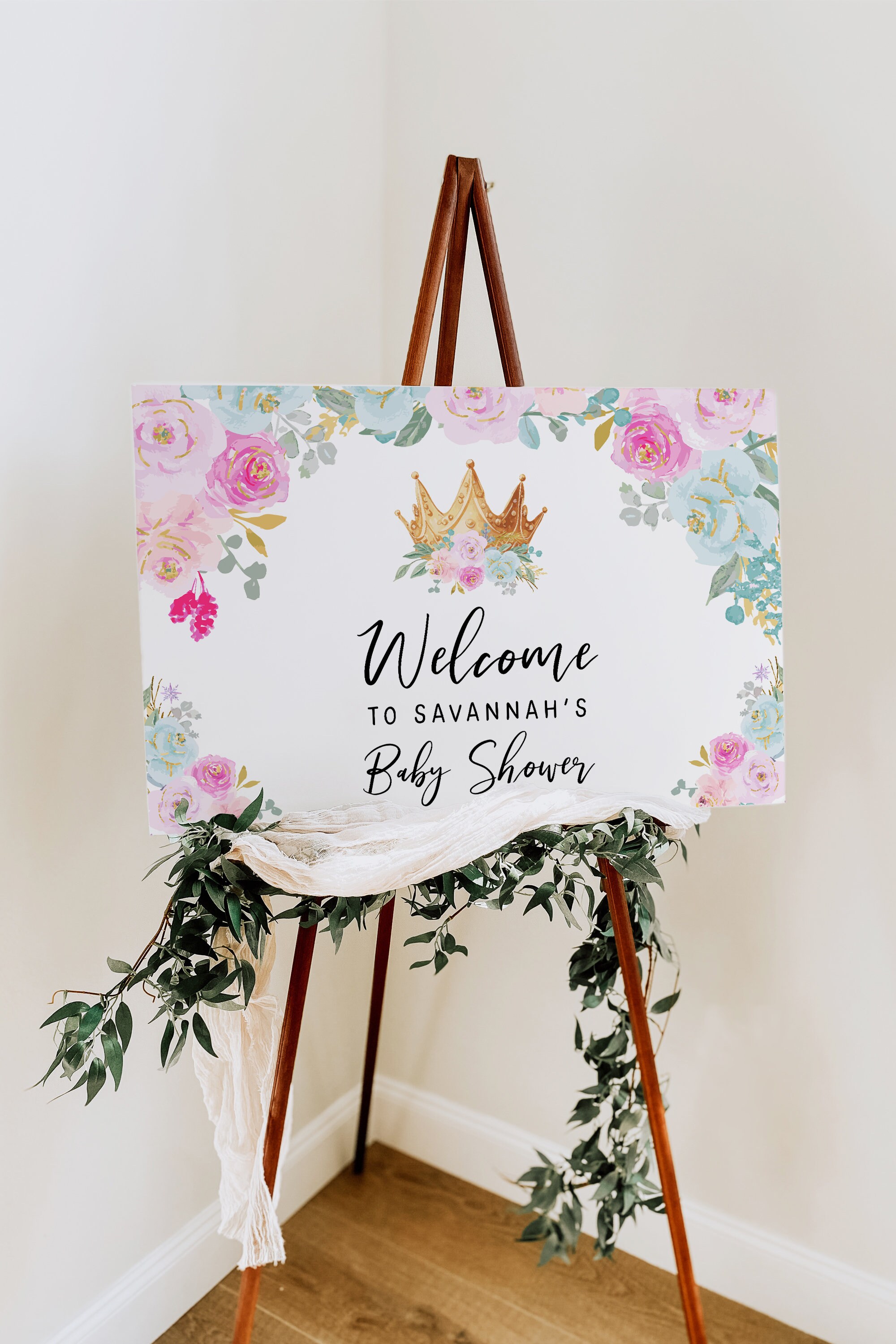 Editable Princess Baby Shower Welcome Sign, Pink Floral Gold Crown ...