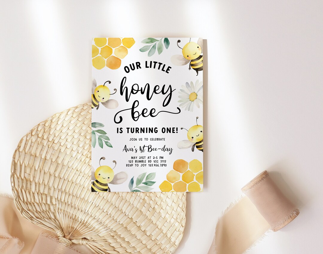 Bee Birthday Invitation, Our Little Honey Summer Bumble Bee Honeycomb ...