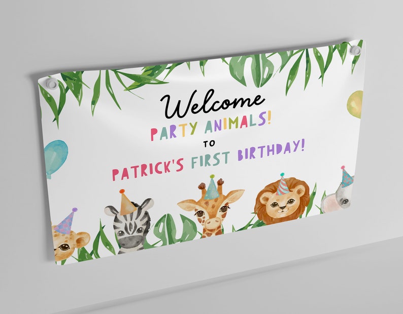 Editable Party Animals Birthday Backdrop Banner, Safari Animals Welcome ...