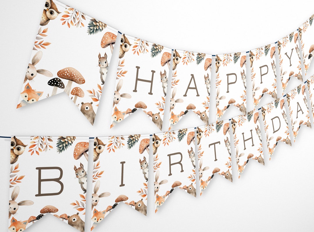 Happy Birthday Banner, Woodland Forest Animals Editable Template ...