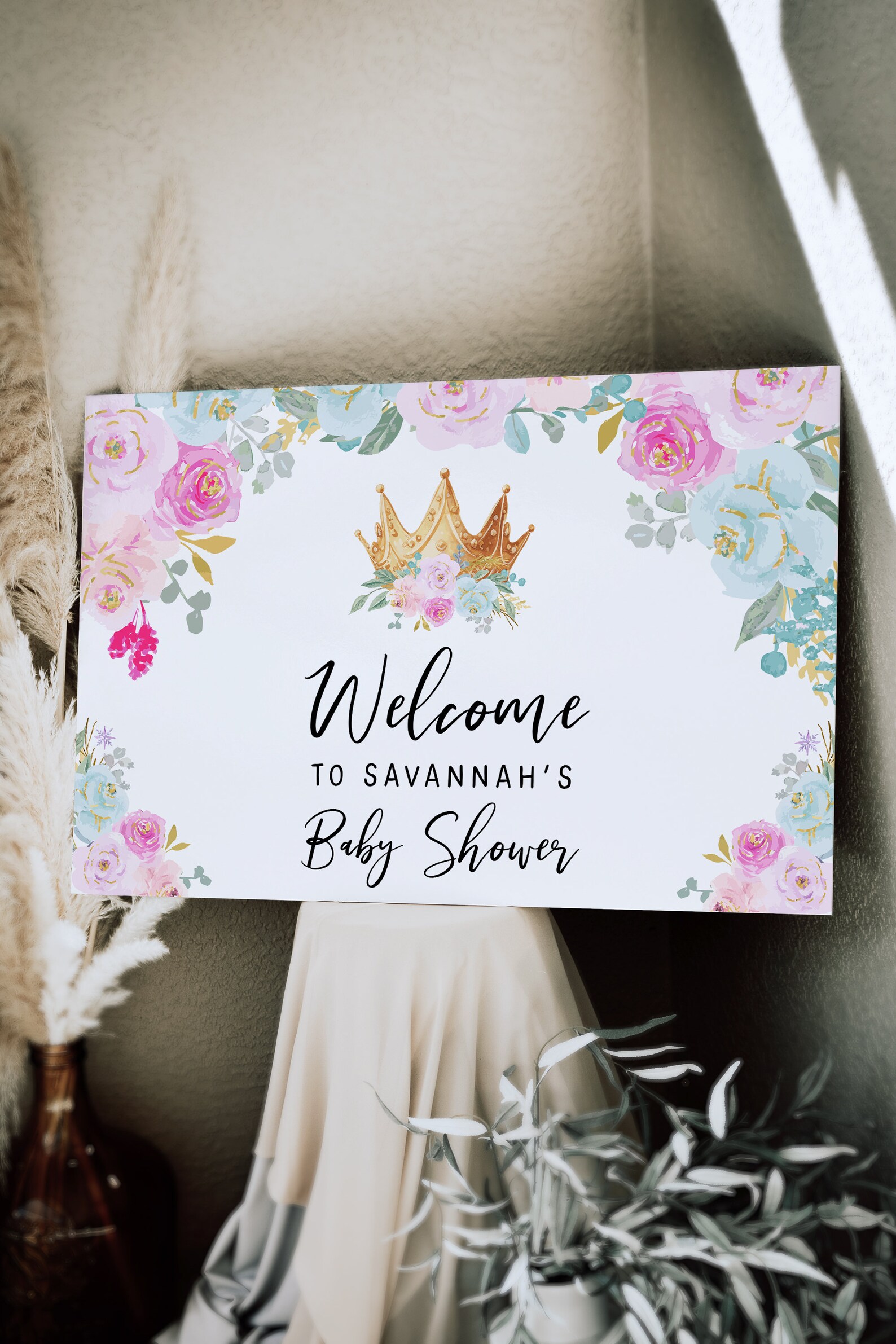 Editable Princess Baby Shower Welcome Sign, Pink Floral Gold Crown ...