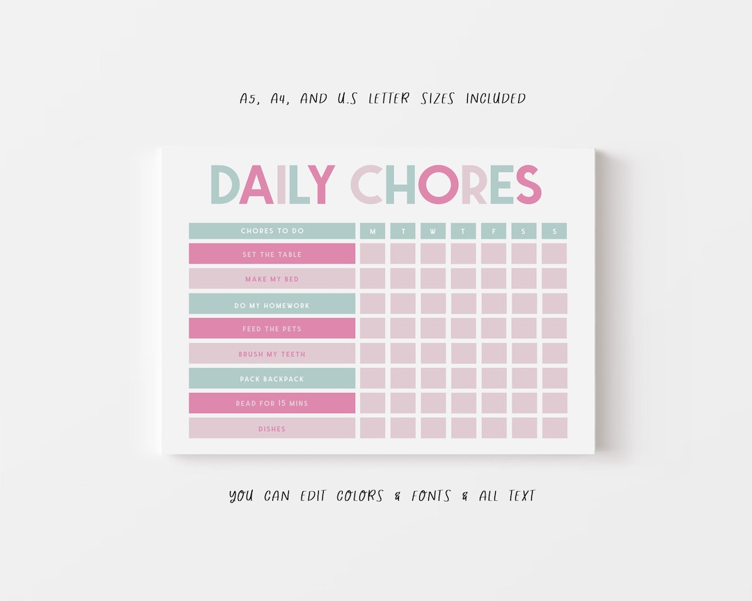 Fun Kids Rewards Chart, Modern Pink & Green Editable Printable Instant ...