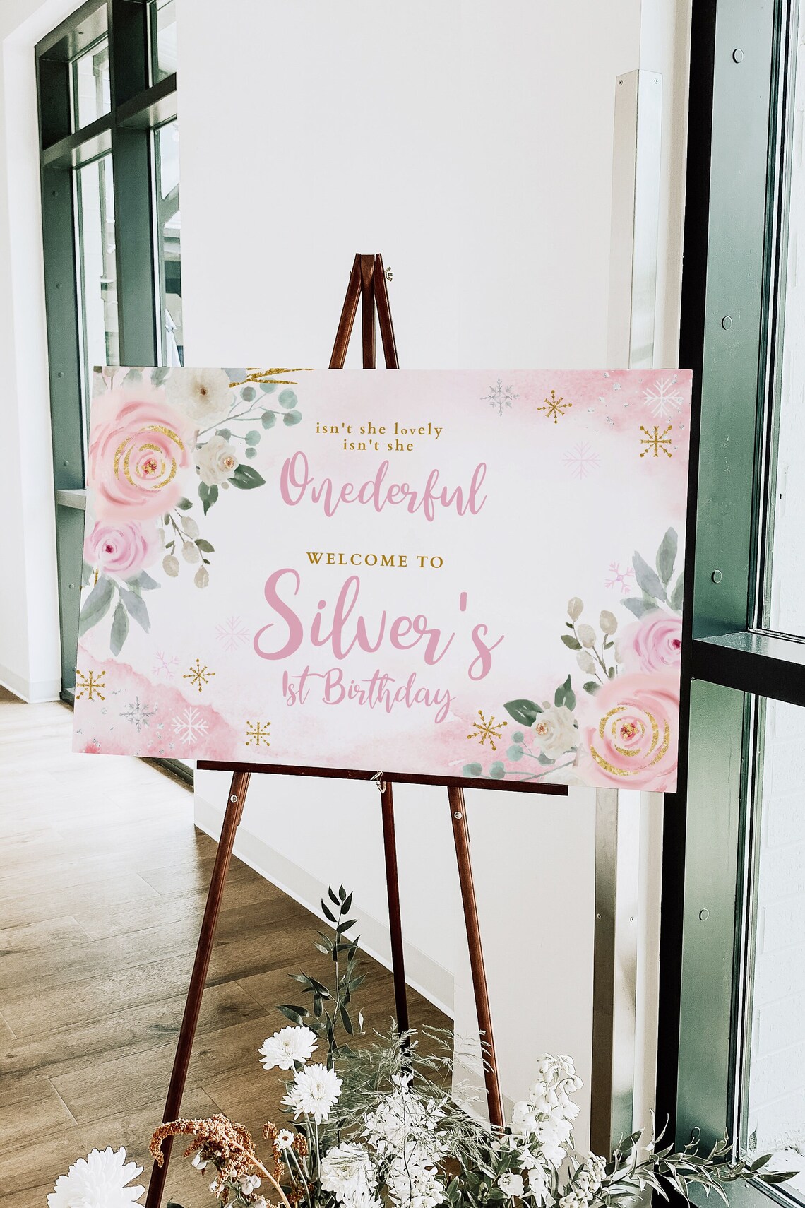 1st Birthday Welcome Sign, Watercolor Floral Pastel Pink Gold Instant ...