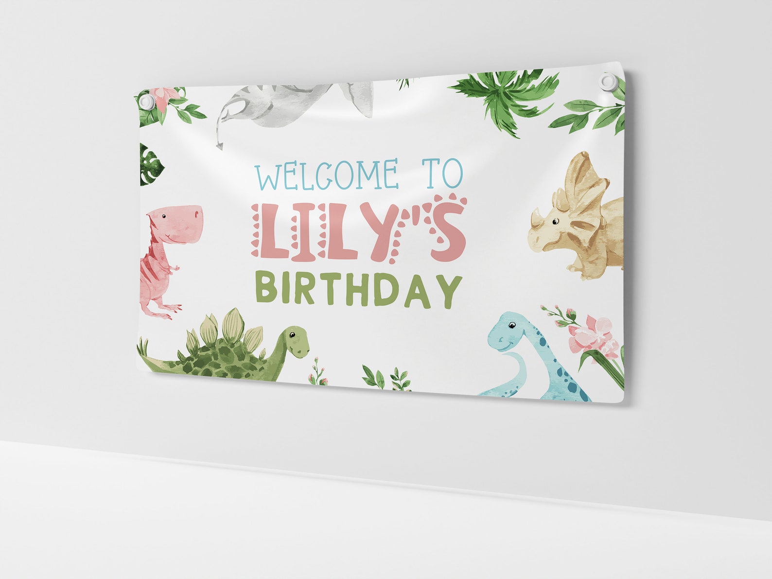Dinosaur Backdrop Banner, Pastel Pink Floral Jurassic Jungle T-rex Dino ...