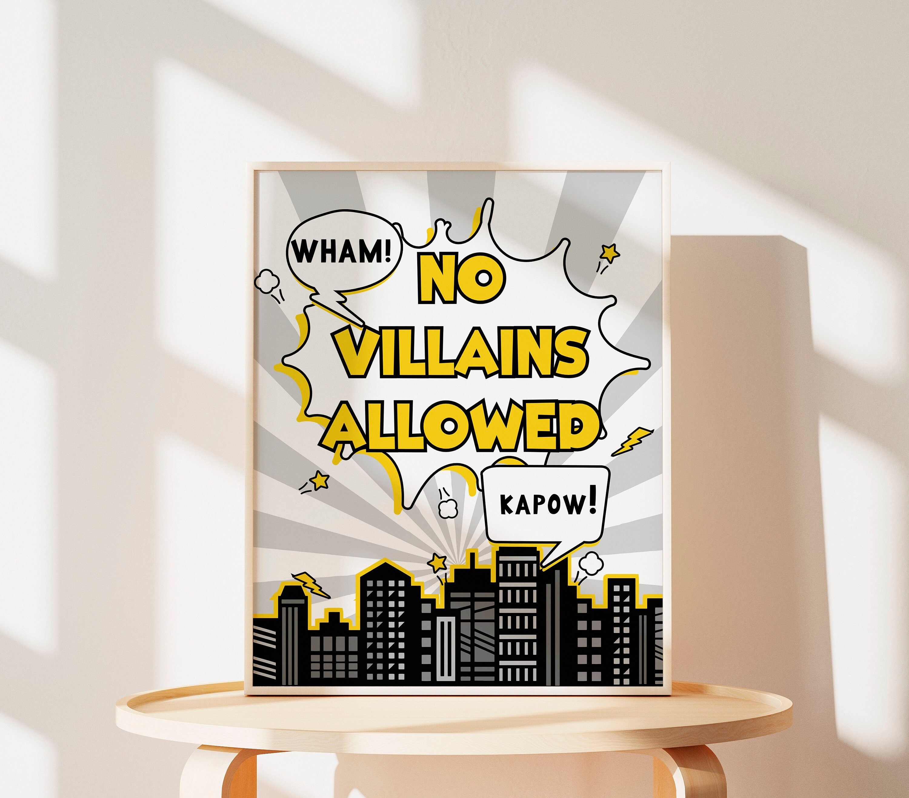No Villains Allowed 8x10 Sign, Superhero Boys Birthday Decor Comic Book ...