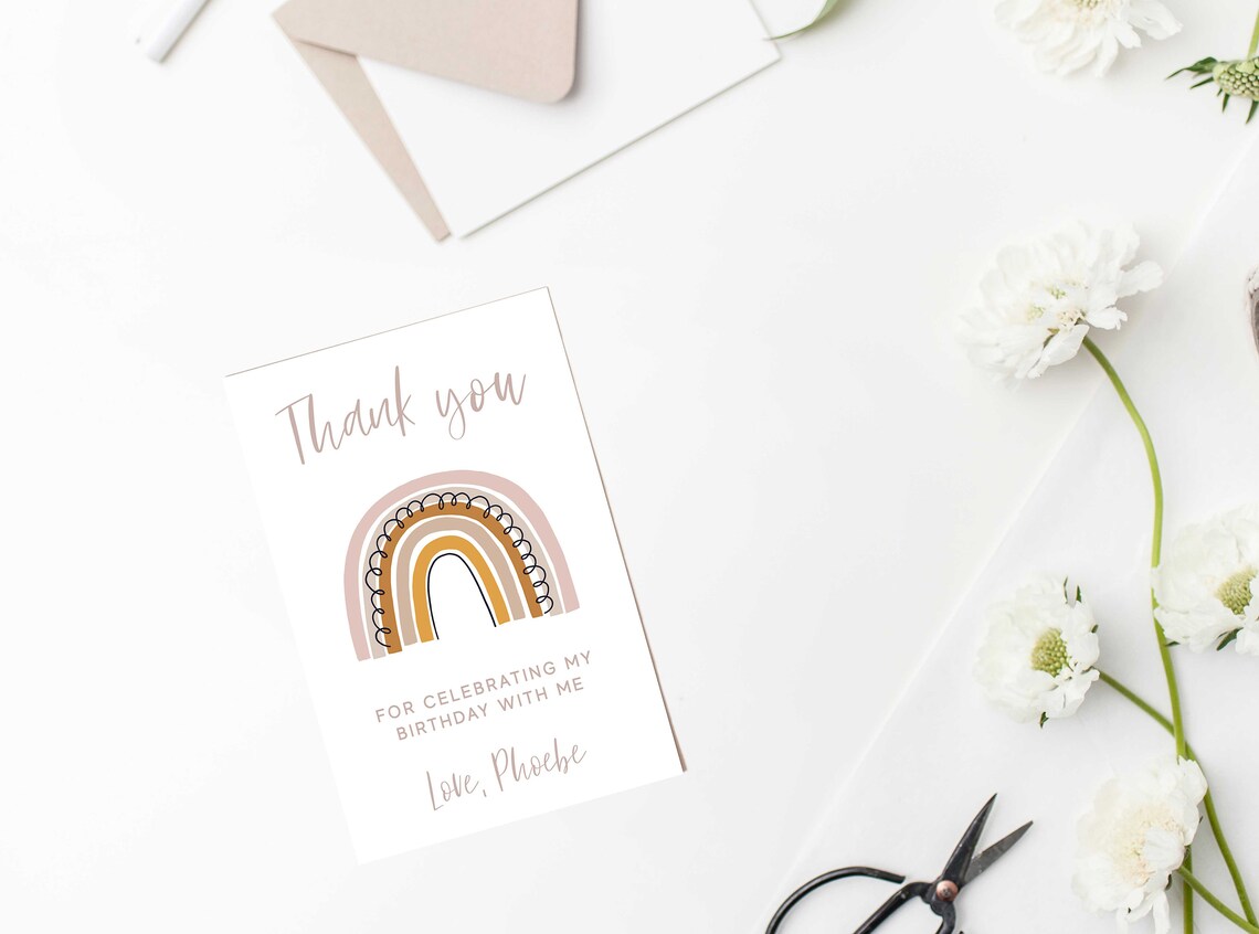 Rainbow Birthday Thank You Card, Boho Editable Printable Instant ...