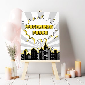 Superhero Punch Drink Sign, Boys Birthday Party Table Display Comic ...