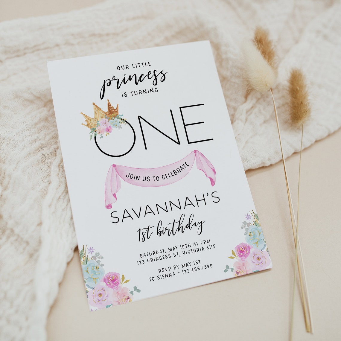 Princess 1st Birthday Invitation, Editable Princess Party Invitation ...