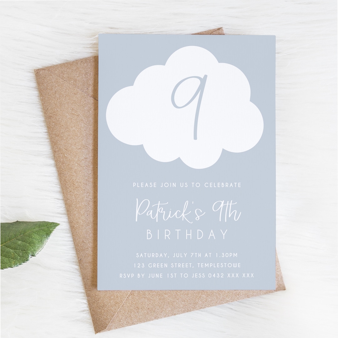 Editable Cloud 9th Birthday Party Invitation Download Printable Digital ...